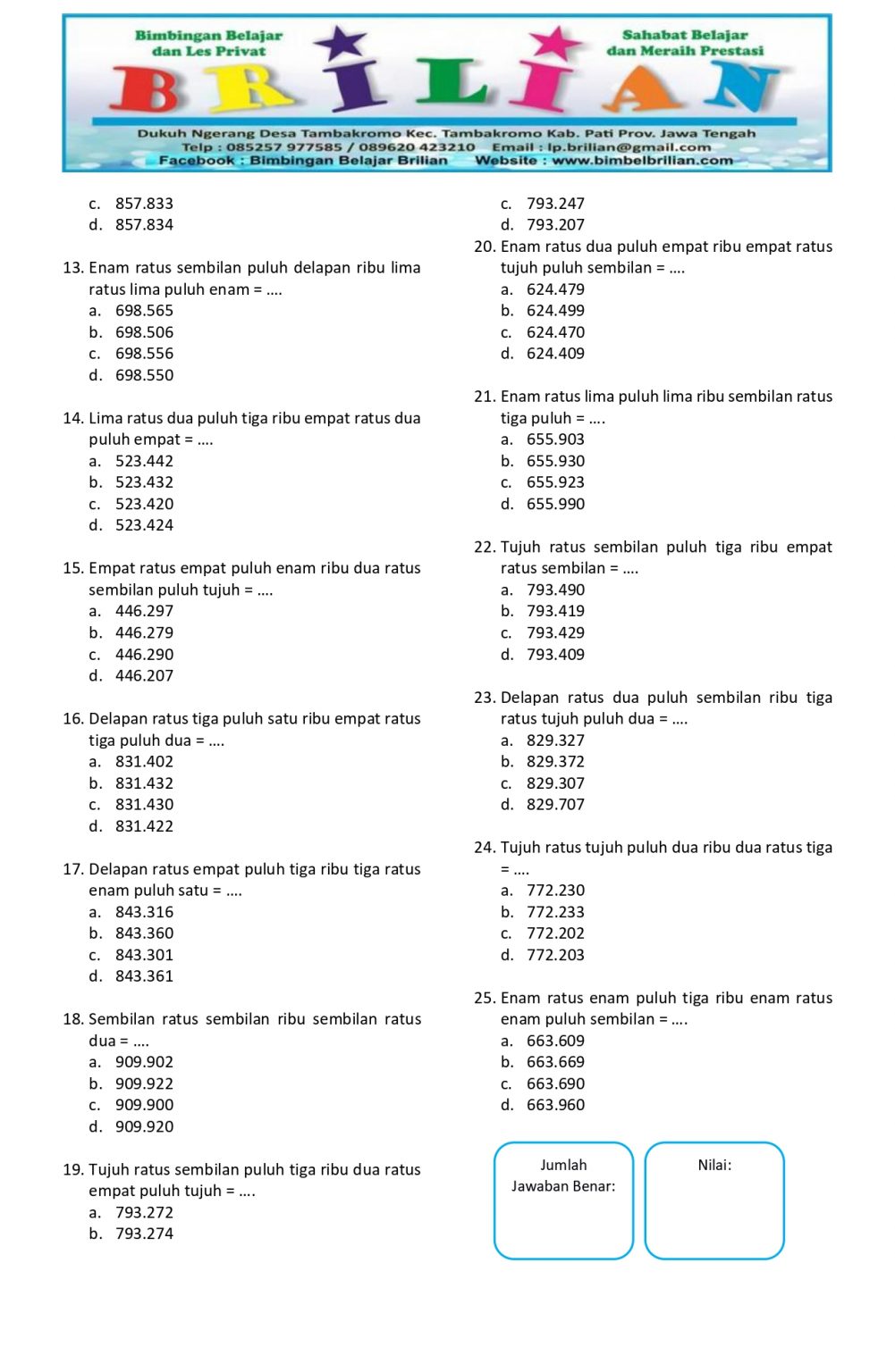 Kumpulan Soal Menulis Lambang Bilangan (13 Level) – Bimbel Brilian