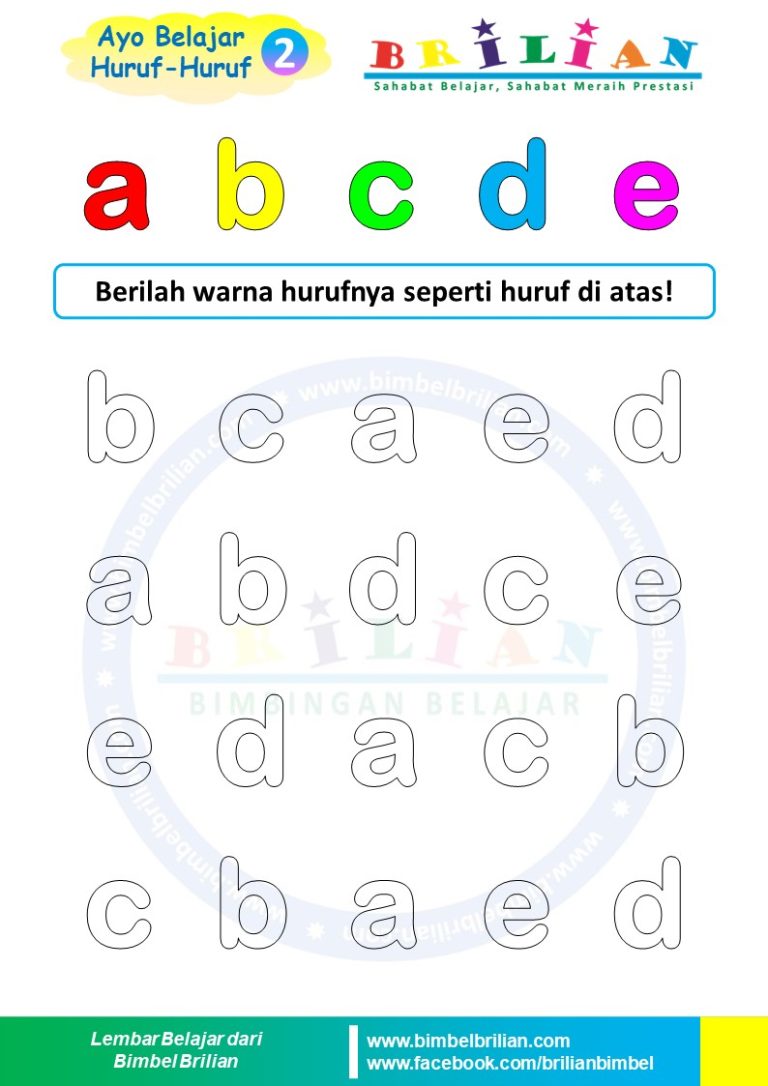 Lembar Belajar PAUD dan TK Mewarnai Huruf – Bimbel Brilian