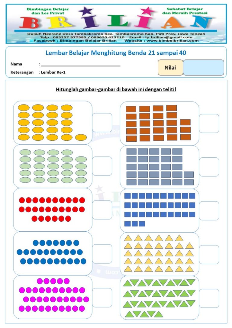 Download Soal Menghitung Benda 21 sampai 40 (11 Lembar) – Bimbel Brilian