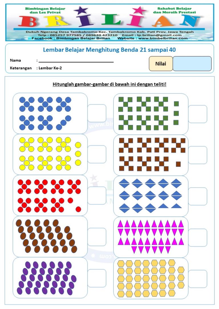 Download Soal Menghitung Benda 21 sampai 40 (11 Lembar) – Bimbel Brilian