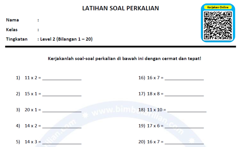 25 Soal Isian Perkalian Bilangan 1 sampai 20 Level 2 dan Kunci Jawaban ...