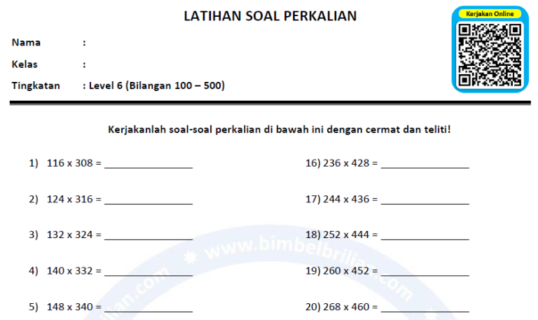 Download Soal Perkalian Bilangan 100 sampai 500 Isian Level 6 dan Kunci ...