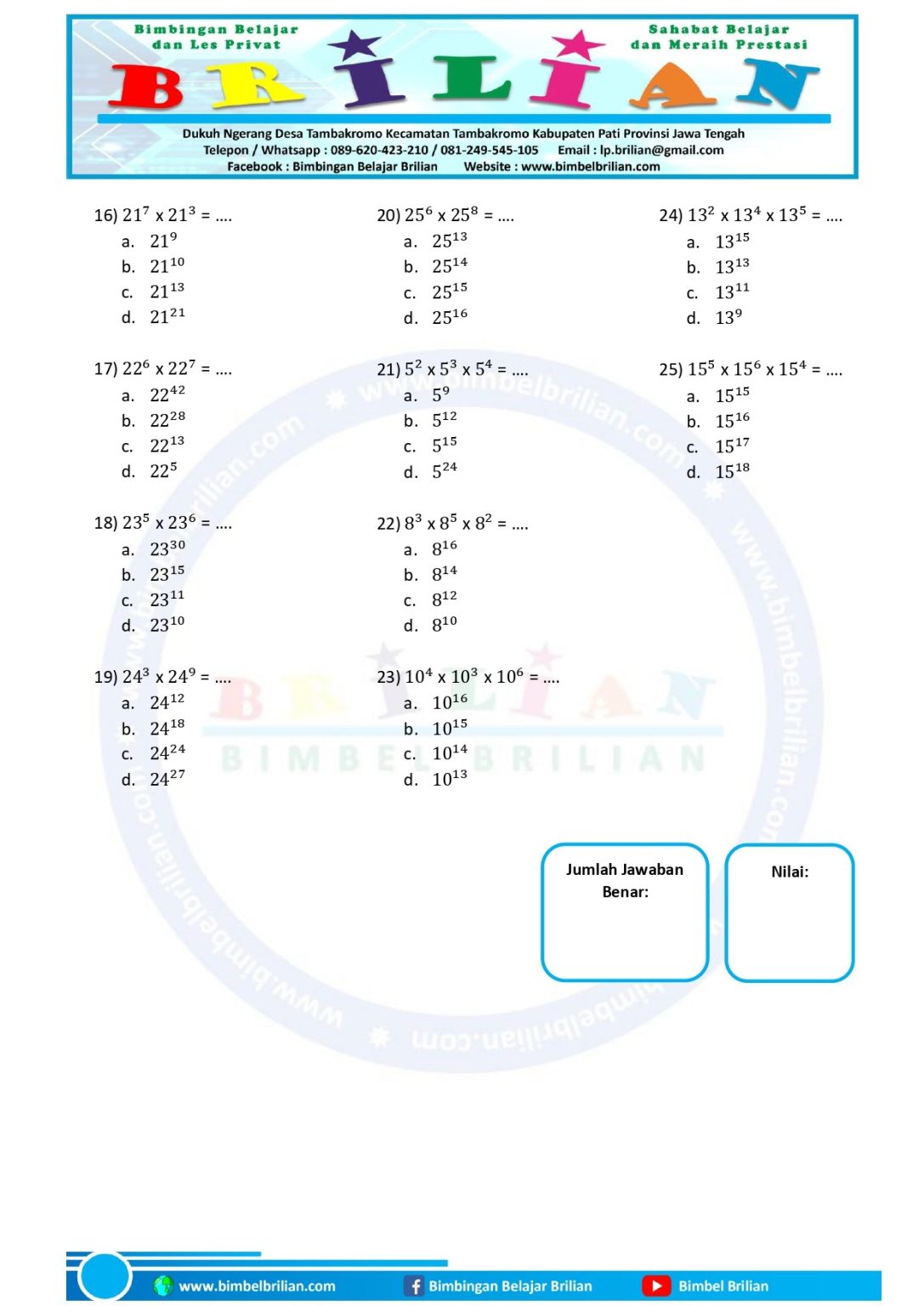 Kumpulan Soal Eksponen (Operasi Bilangan Pangkat) dan Kunci Jawaban ...