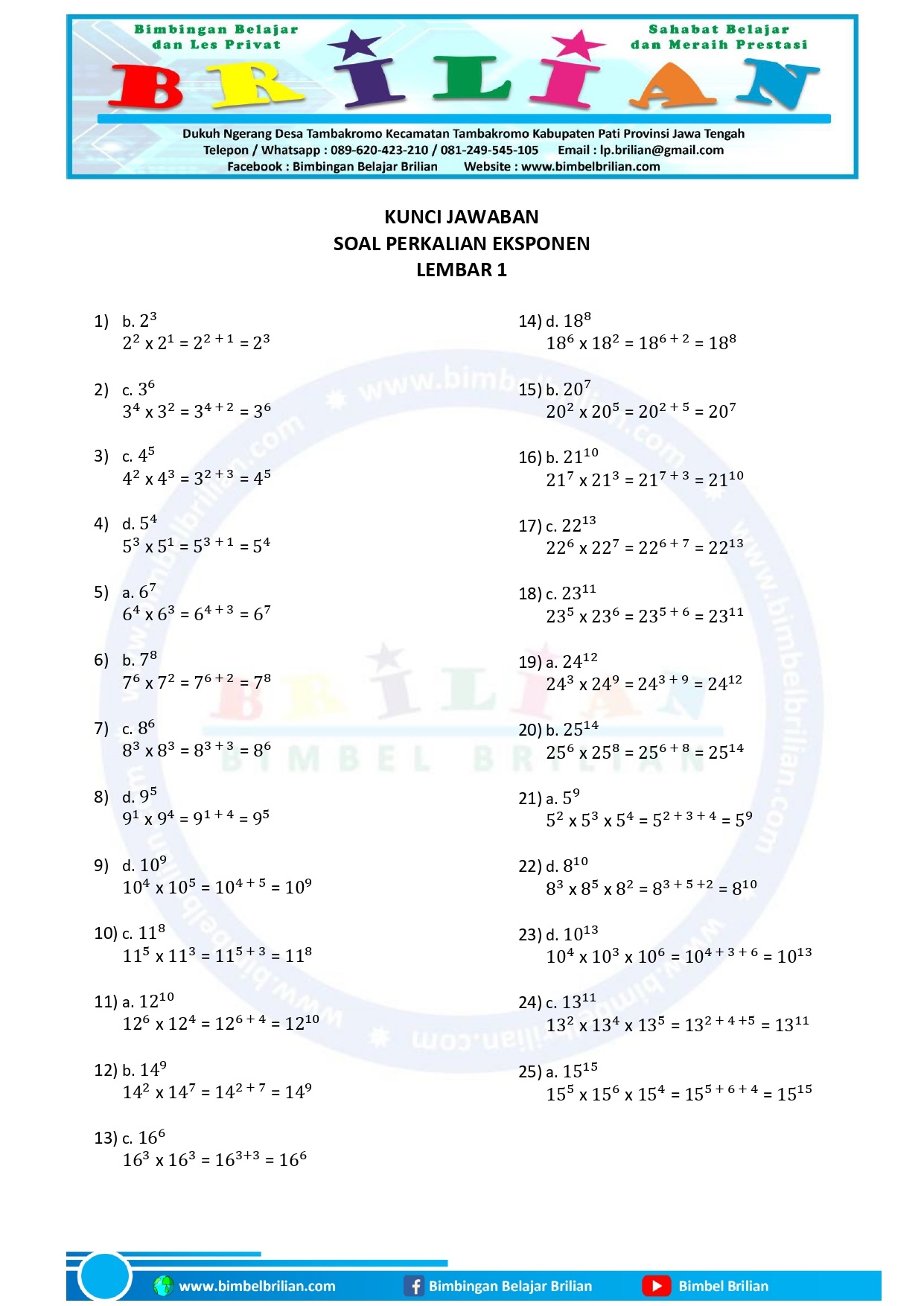Kumpulan Soal Eksponen (Operasi Bilangan Pangkat) dan Kunci Jawaban ...