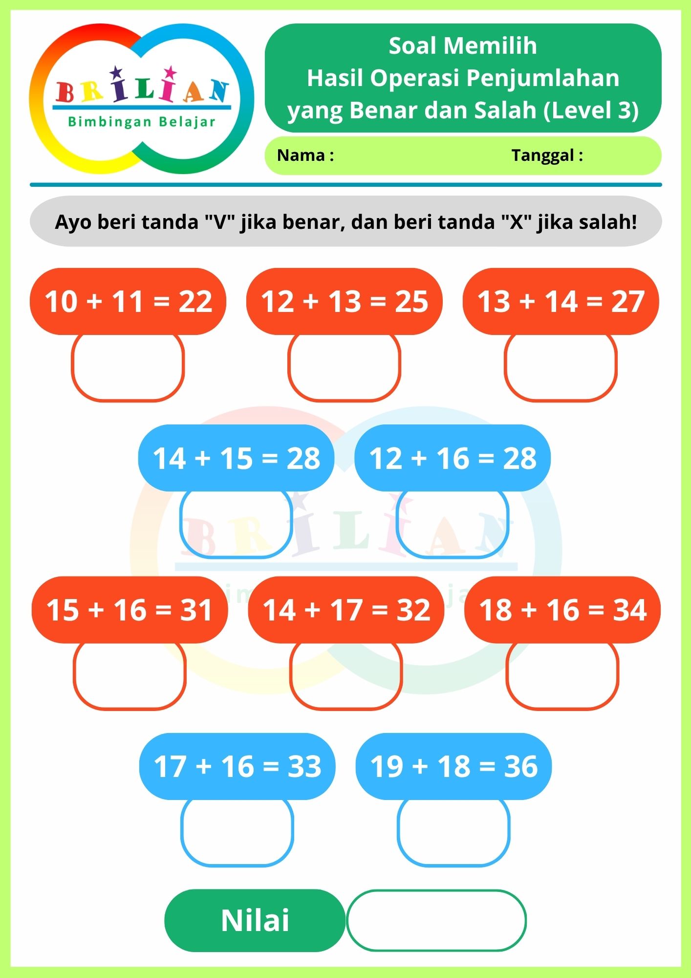 Soal Memilih Hasil Penjumlahan – Benar atau Salah – Level 3 – Bimbel ...