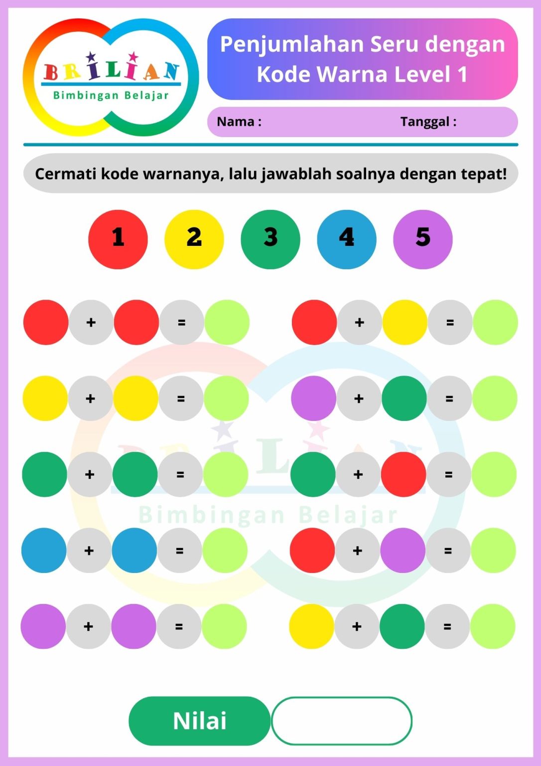 Penjumlahan Dengan Kode Warna Level 1 (Coding Penjumlahan) – Bimbel Brilian