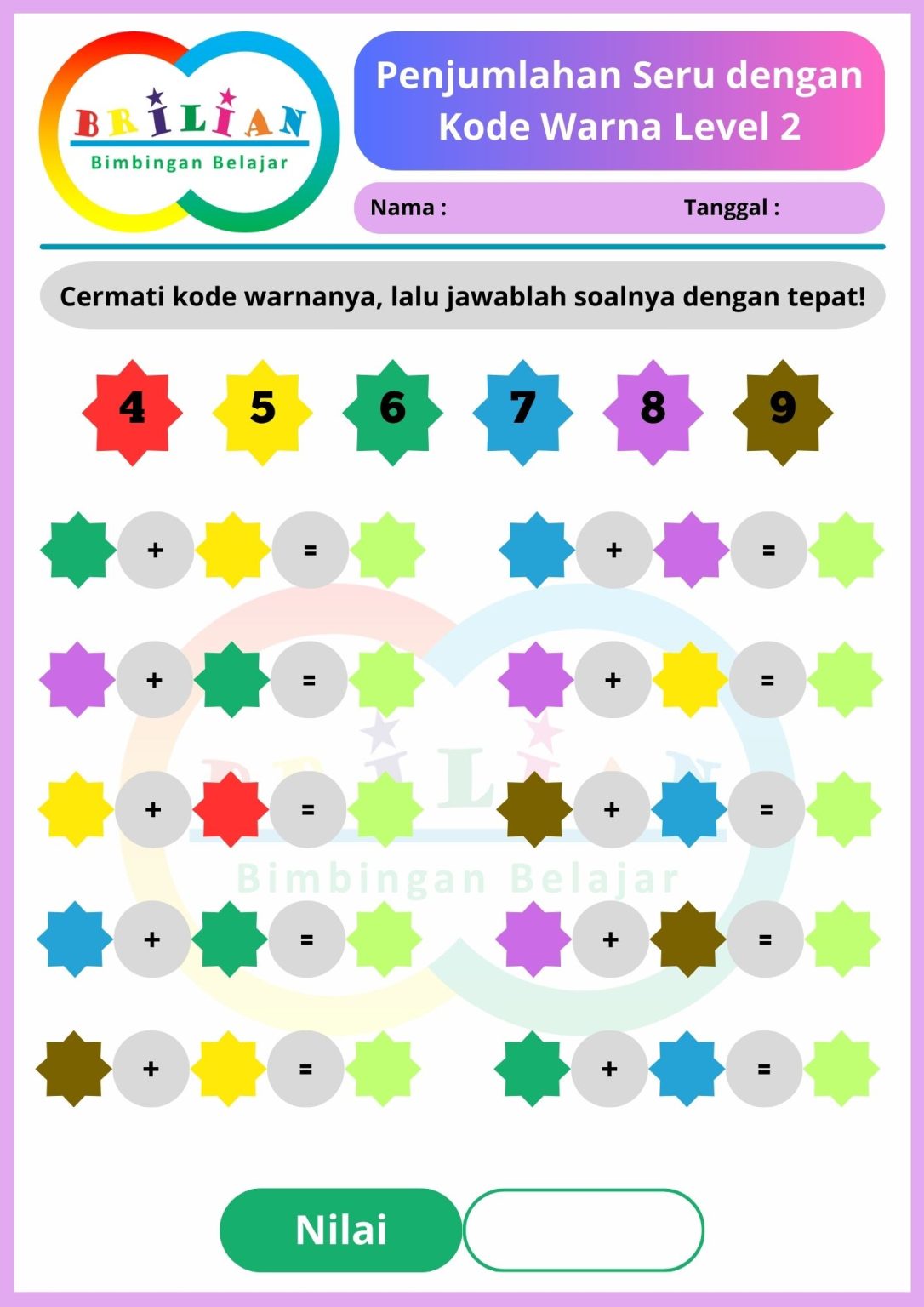 Penjumlahan Dengan Kode Warna Level 2 (Coding Penjumlahan) – Bimbel Brilian