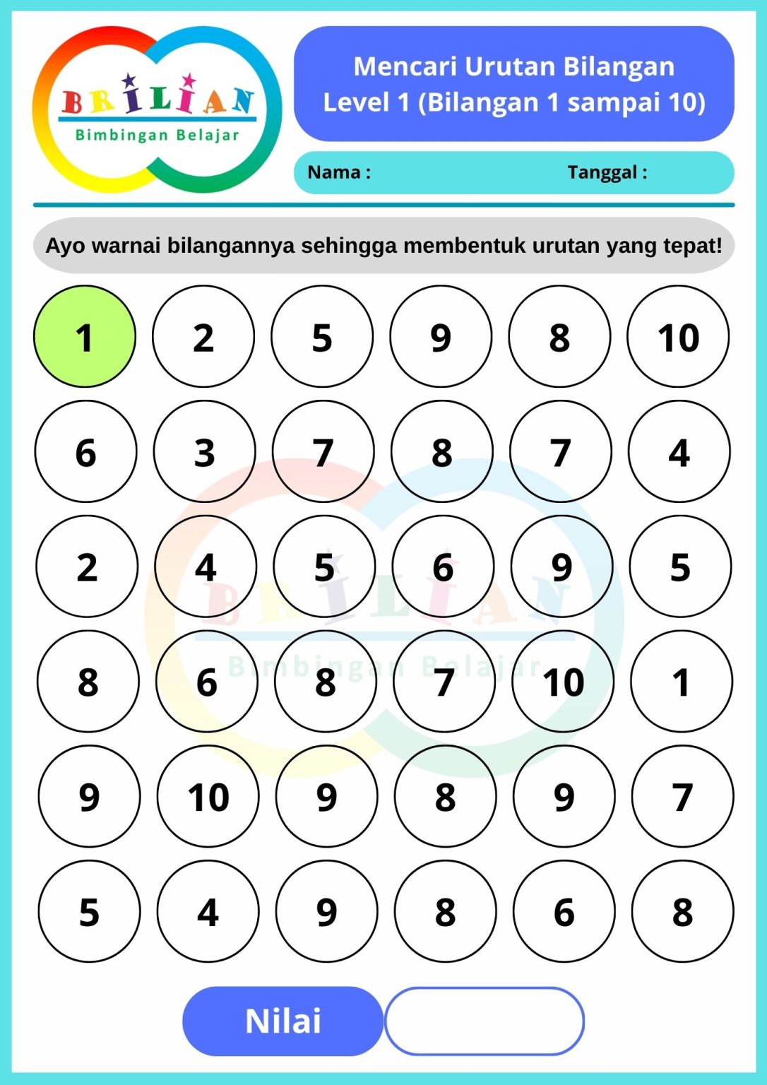 Lembar Soal Mencari Urutan Bilangan Level 1 (Bilangan 1 sampai 10 ...