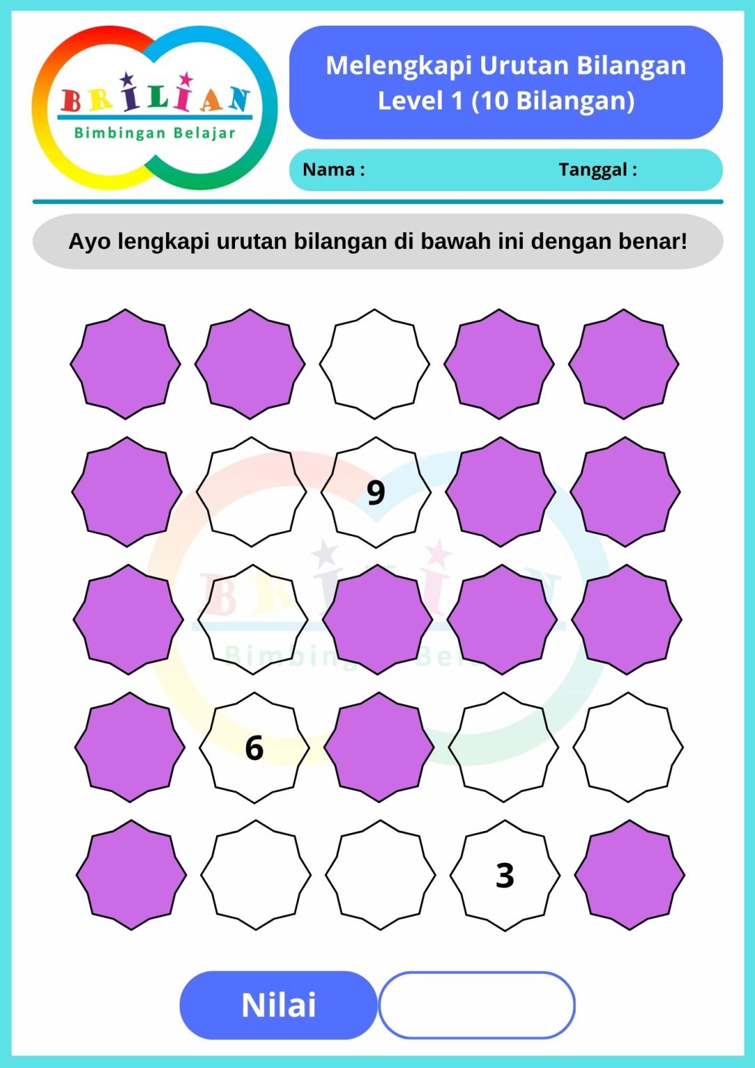 Lembar Soal Melengkapi Urutan Bilangan Level 1 (Bilangan 1 sampai 10 ...